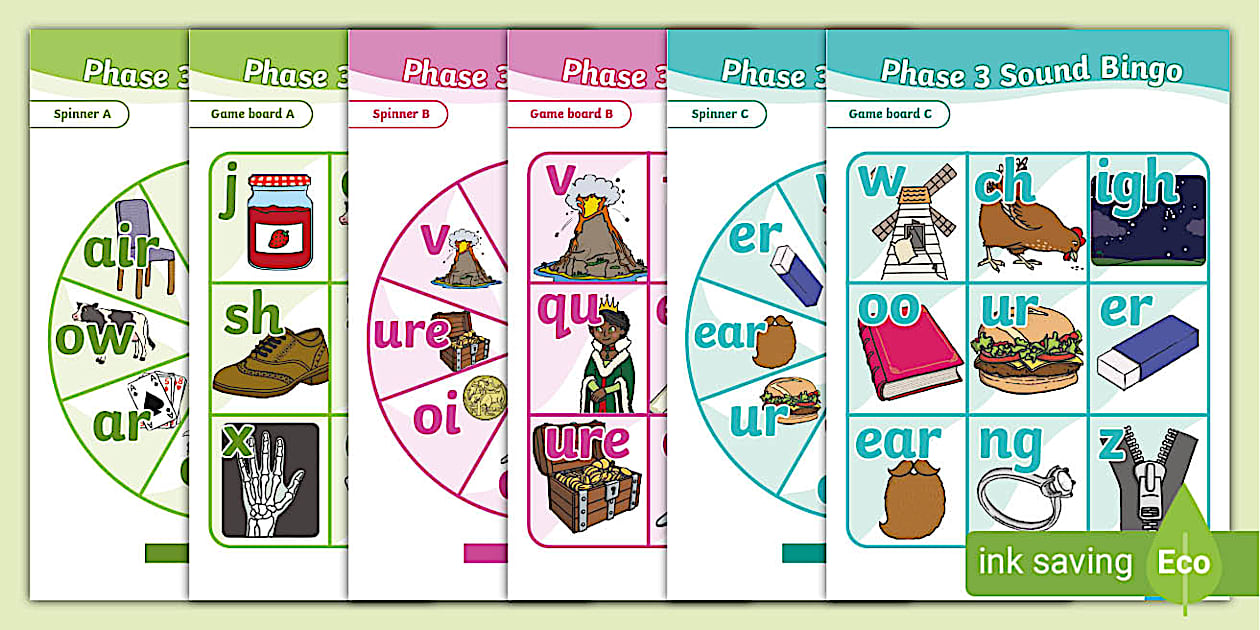 Phonics Phase 3 Bingo With Spinner Game - English - Twinkl
