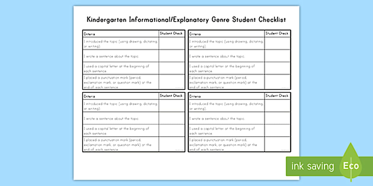 Kindergarten Informational/Explanatory Writing Genre Student Checklist