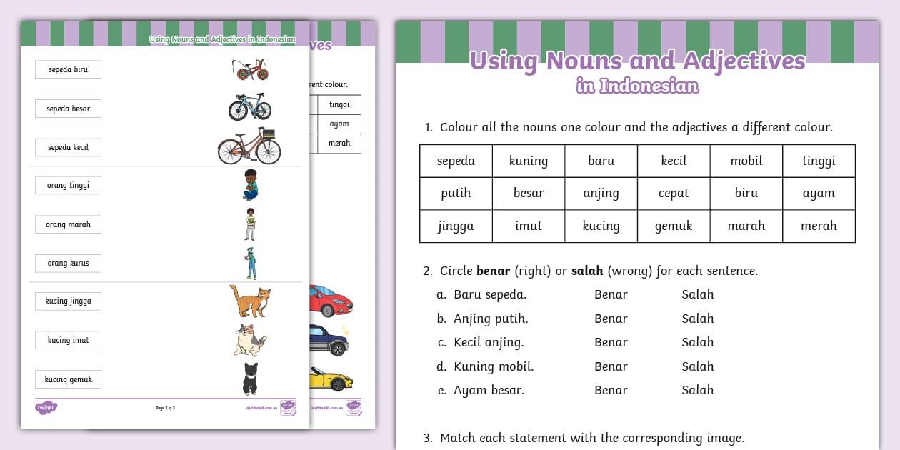 Using Nouns and Adjectives Activity - Indonesian - Twinkl
