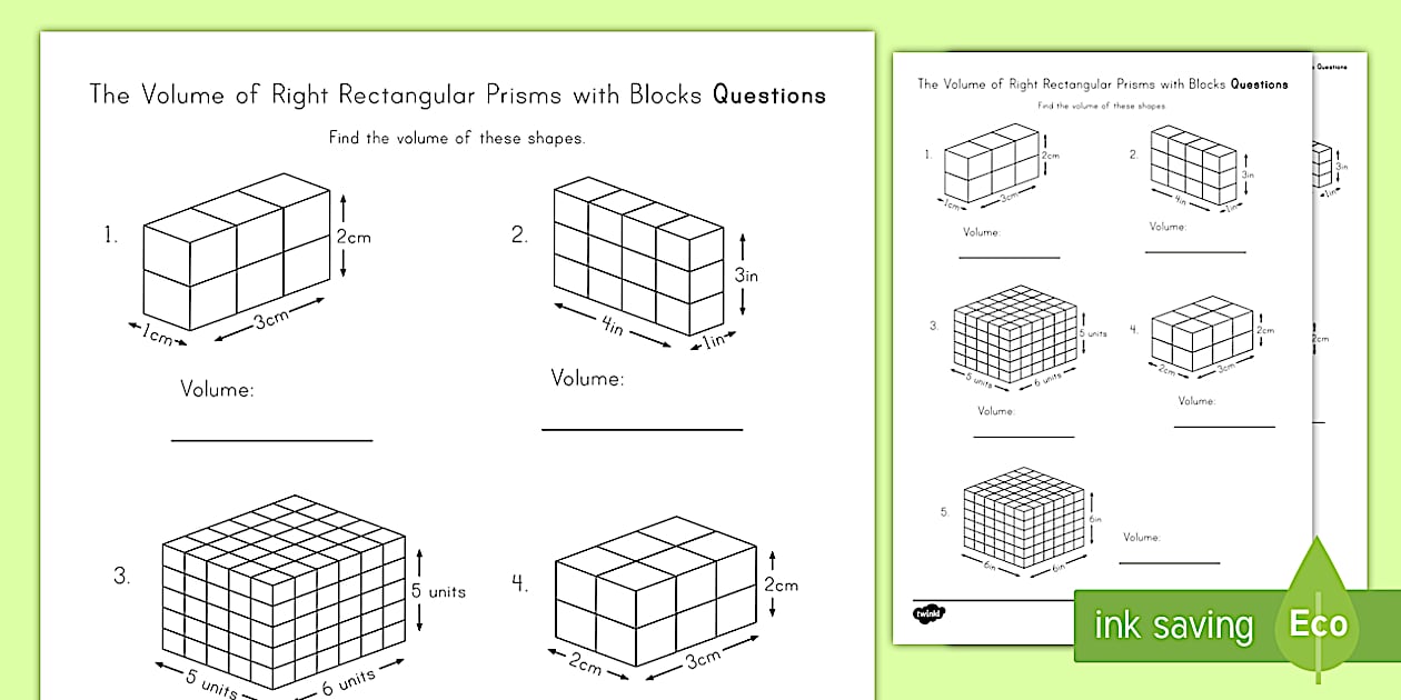 Volume of Right Rectangular Prisms with Blocks Worksheet for 3rd-5th Grade