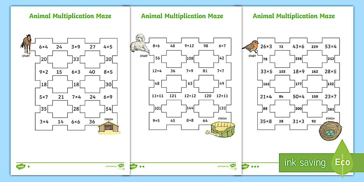 Higher Ability Animal Multiplication Maze Differentiated Worksheets