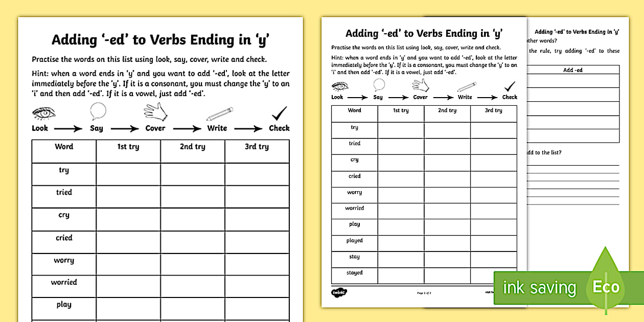 Editable Year 2 Spelling Practice Adding '-ed' to Verbs Ending in 'y'