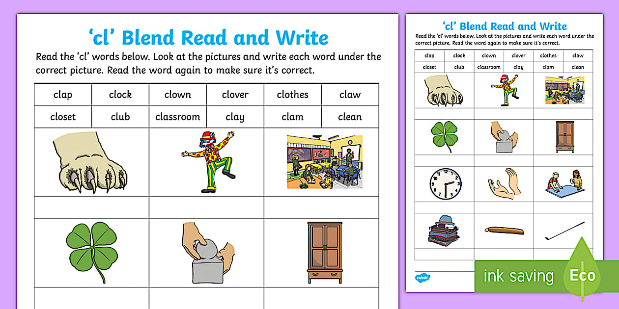 Black and White 'cl' Blend Read and Write Worksheet - Twinkl