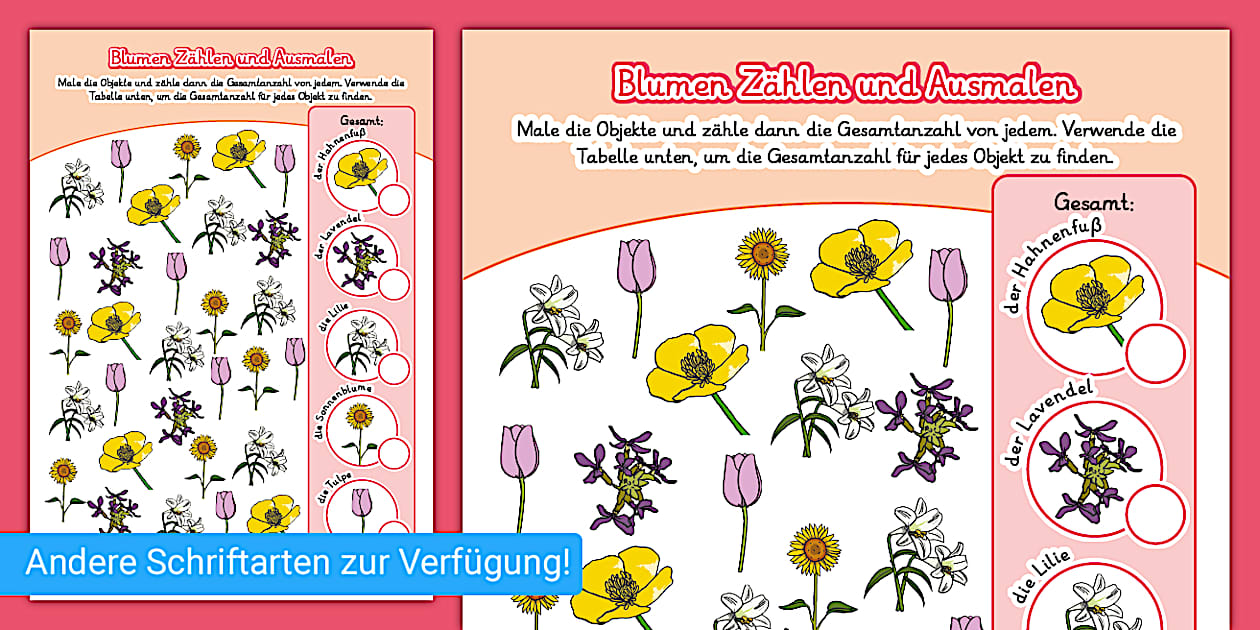 Blumen - Zählen und Ausmalen Arbeitsblatt (Teacher-Made)