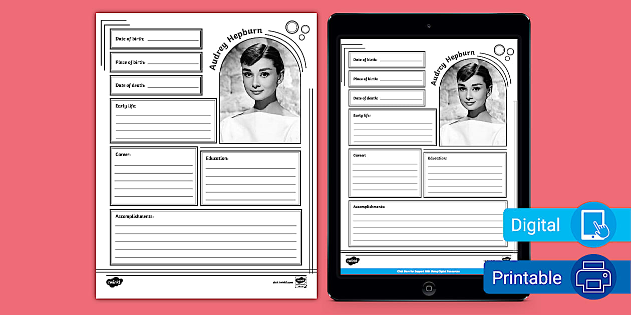 All About Audrey Hepburn Research and Write Worksheet for 3rd-5th Grade