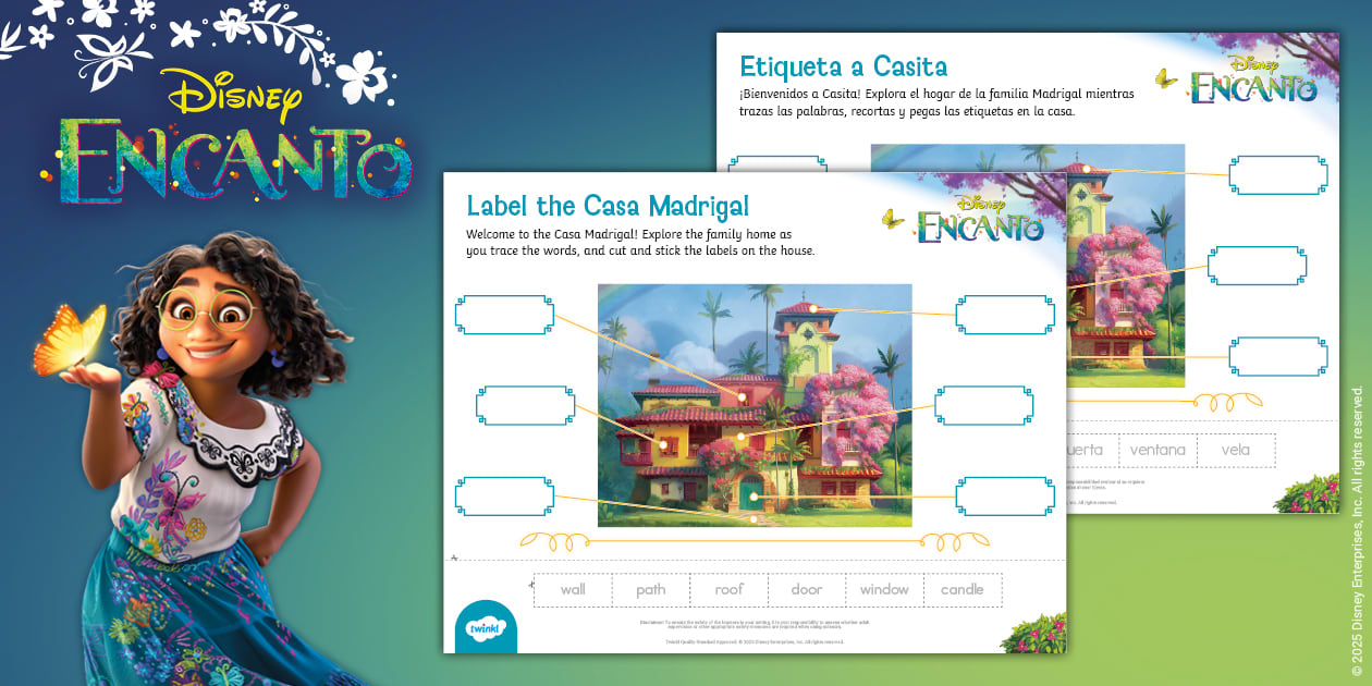 Encanto: English/Spanish Label the Casa Madrigal Cut and Paste Worksheet