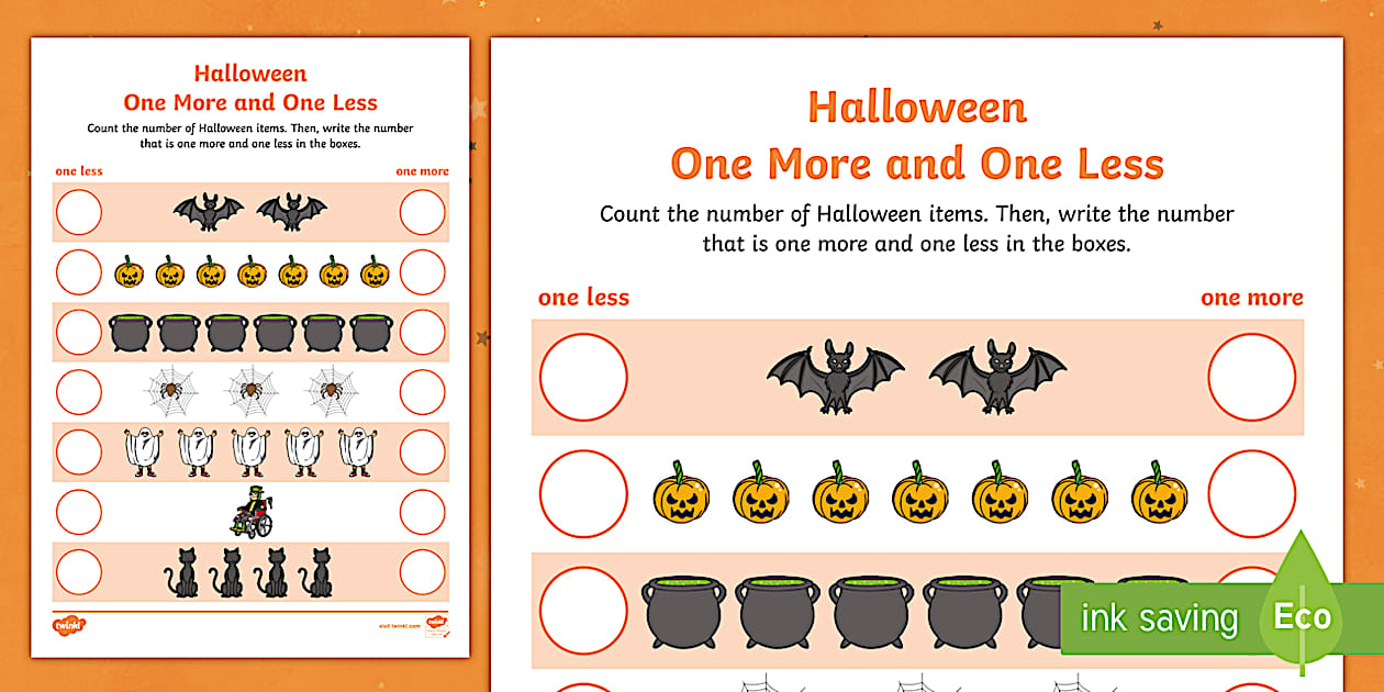 Halloween Themed One More and One Less Worksheet - Twinkl