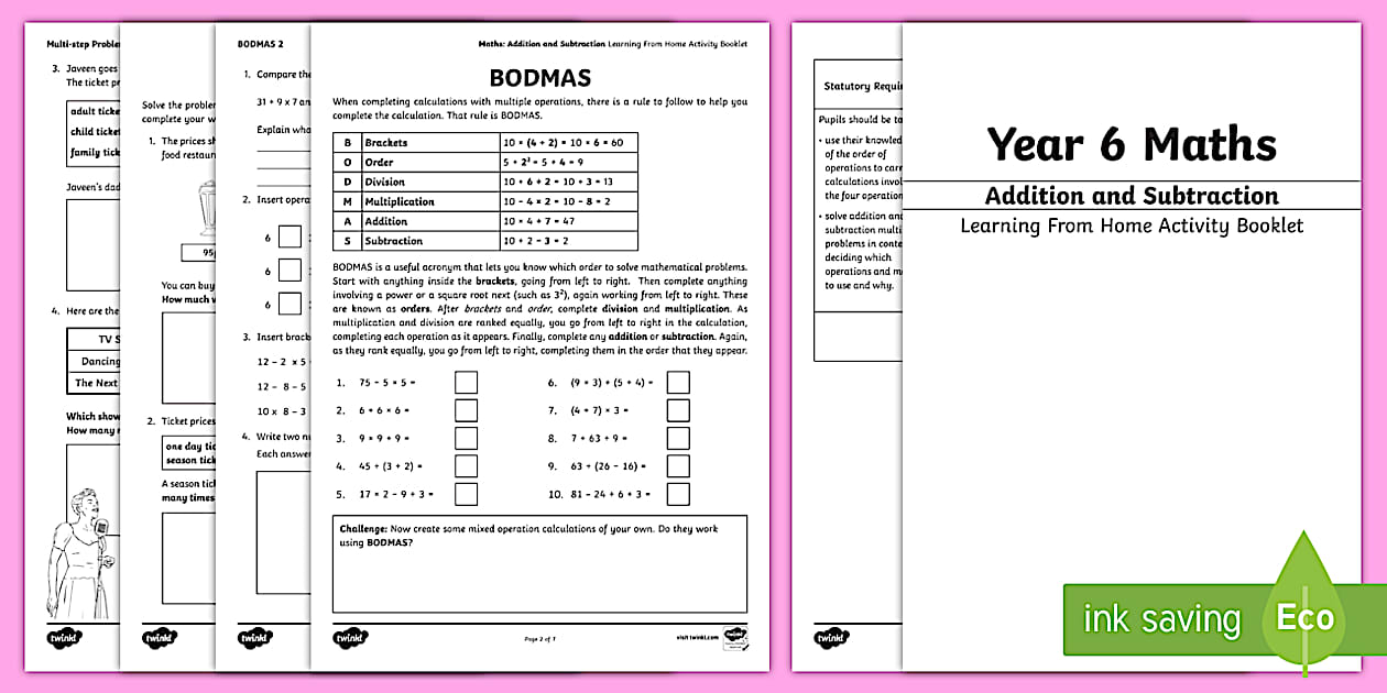 Year 6: Addition and Subtraction Problems Working From Home Activity ...