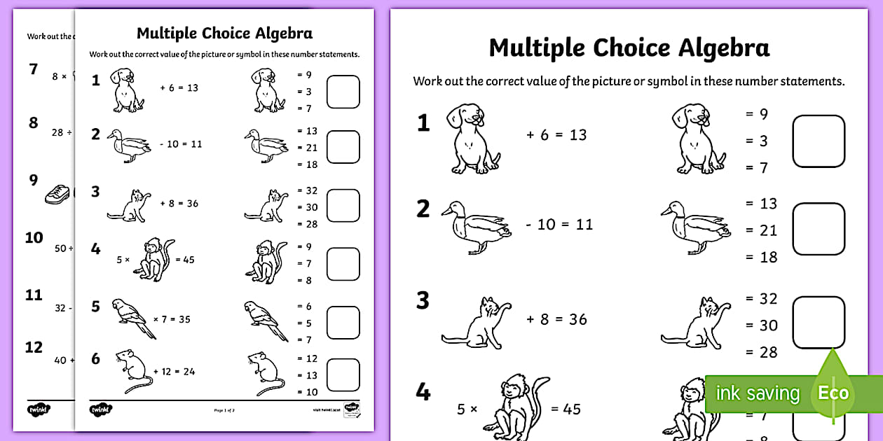 First Level Multiple Choice Algebra Worksheet (teacher made)