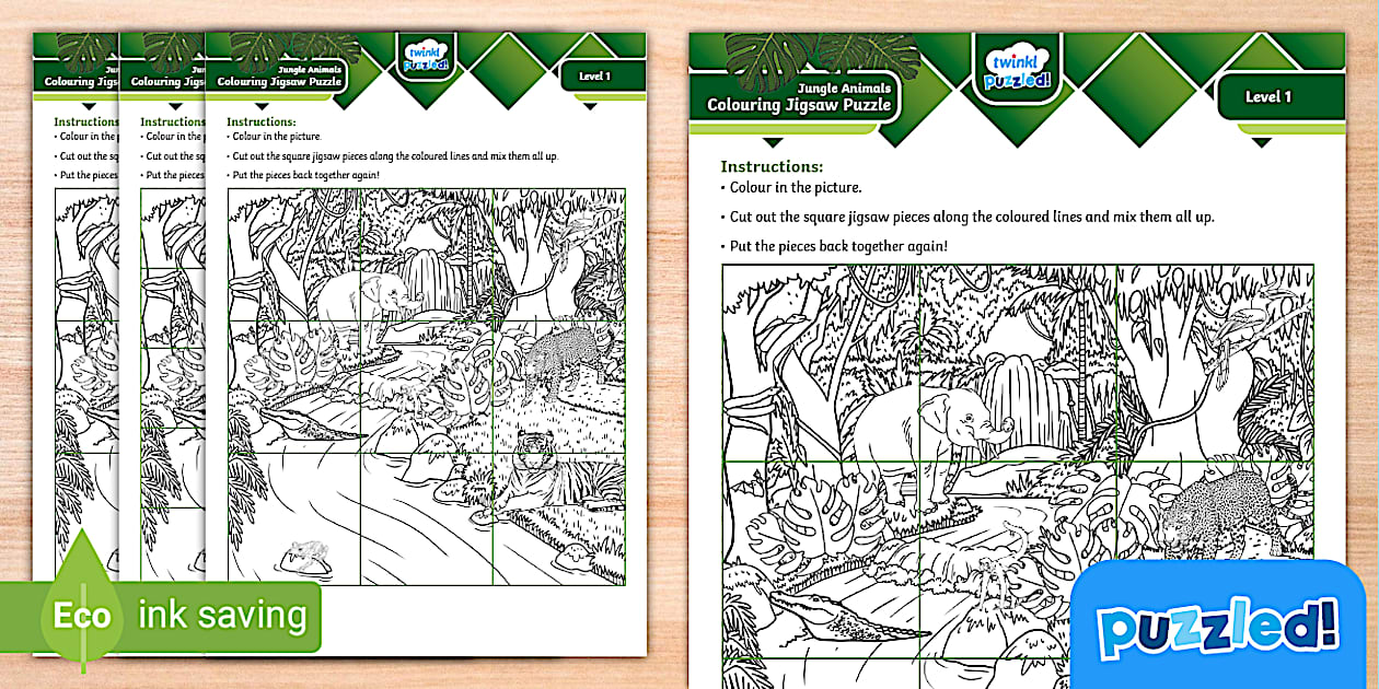 Jungle Animals Colouring Page Jigsaw Puzzle Twinkl Puzzled