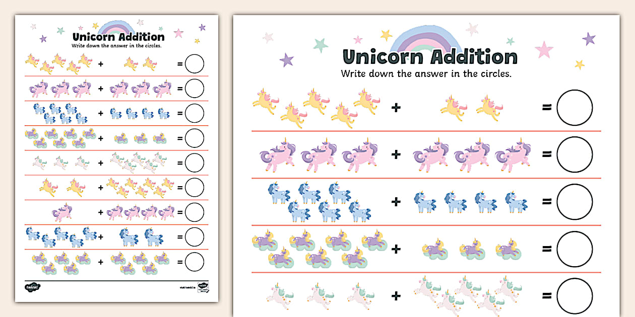 Unicorn-Themed Addition to 10 Worksheet - Twinkl