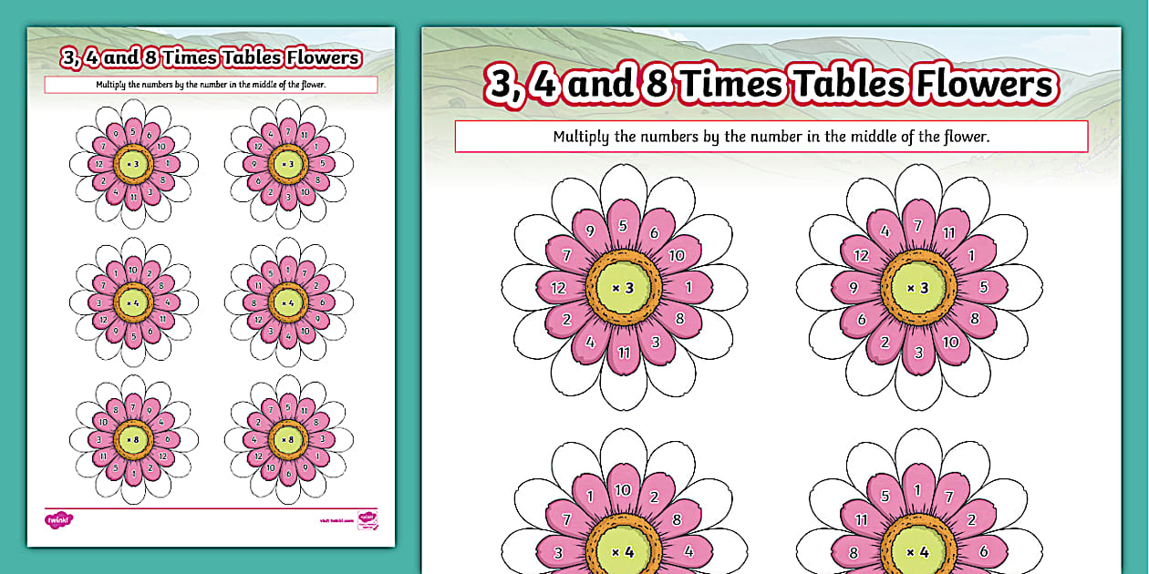 👉 Mixed 3, 4 and 8 Times Tables Flowers - Twinkl - KS2