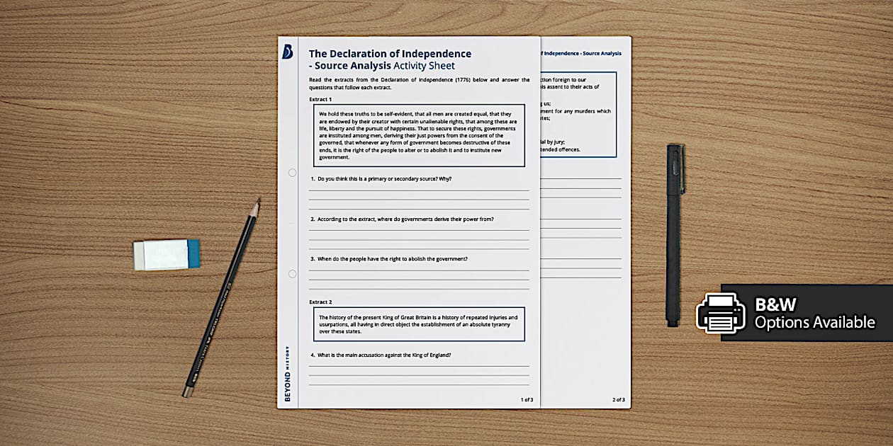 The Declaration of Independence - Source Analysis Activity Sheet