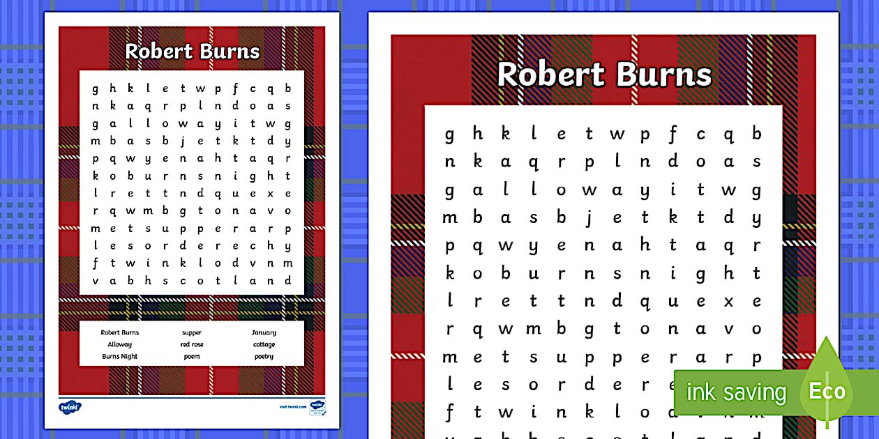 Black and White Robert Burns Word Search (teacher made)