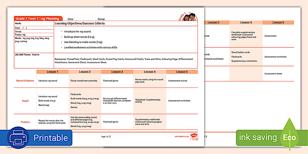Grade 1 Phonics Term 1: -eg Planning (teacher made) - Twinkl