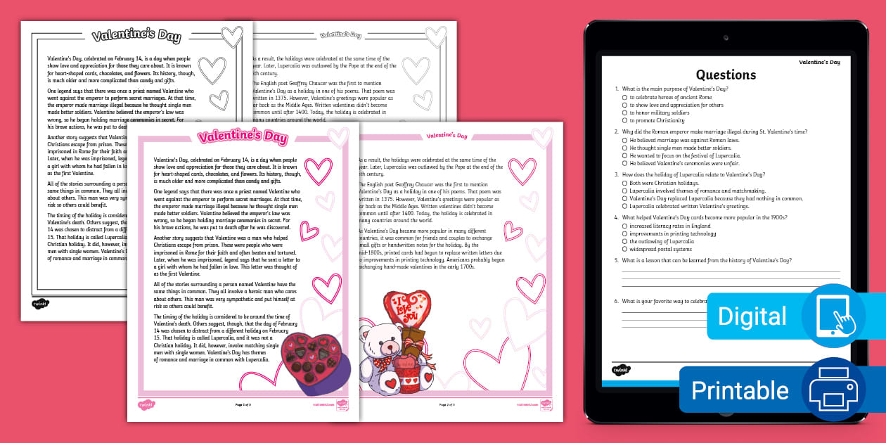 Seventh Grade Valentine's Day Reading Comprehension Activity