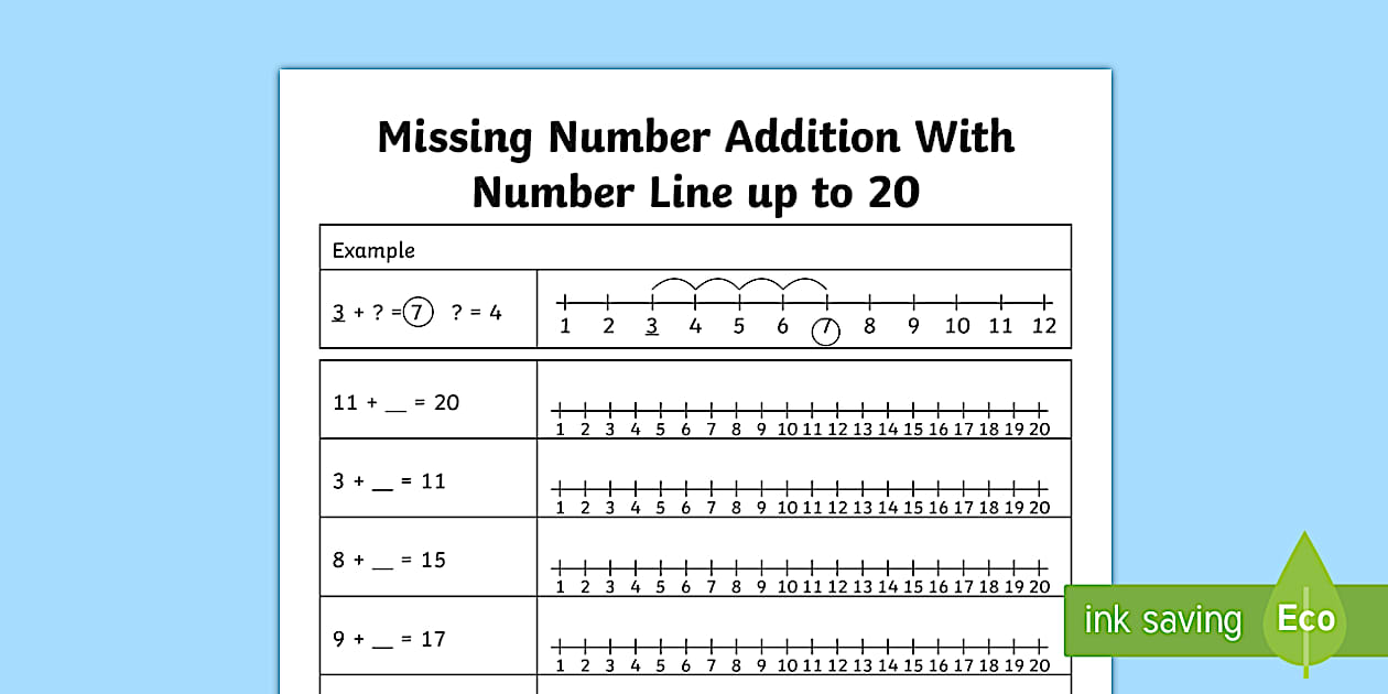 Editable Missing Number Addition with a Number Line up to 20 Worksheet