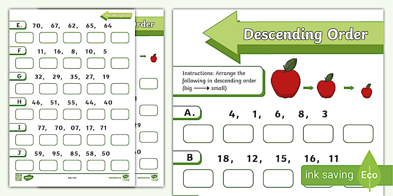 Descending Order Worksheet (teacher made) - Twinkl
