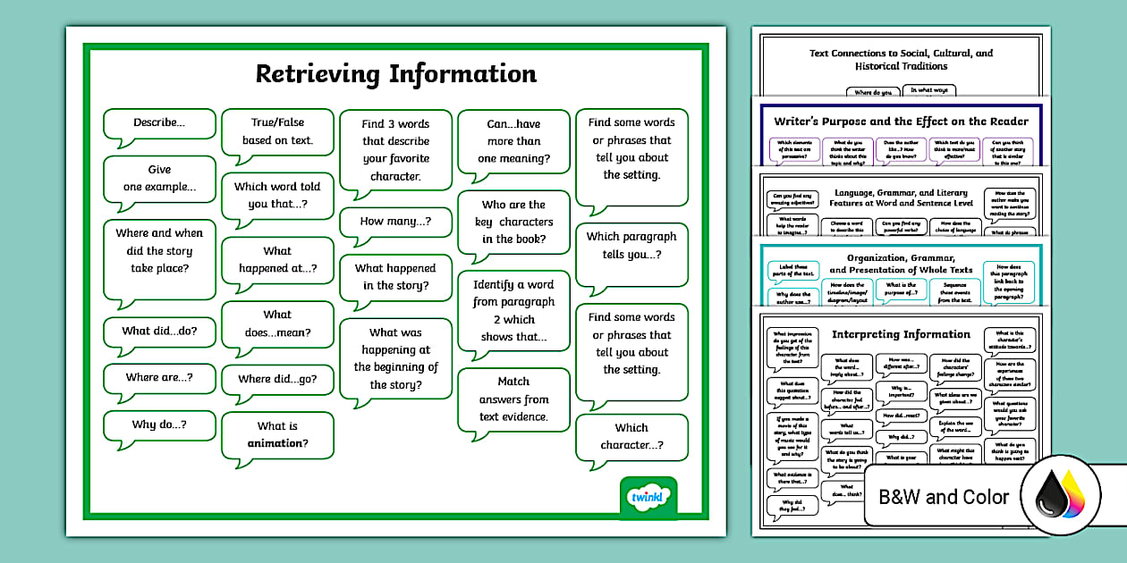 Guided Reading Question Reference Sheet Pack for 6th-8th Grade