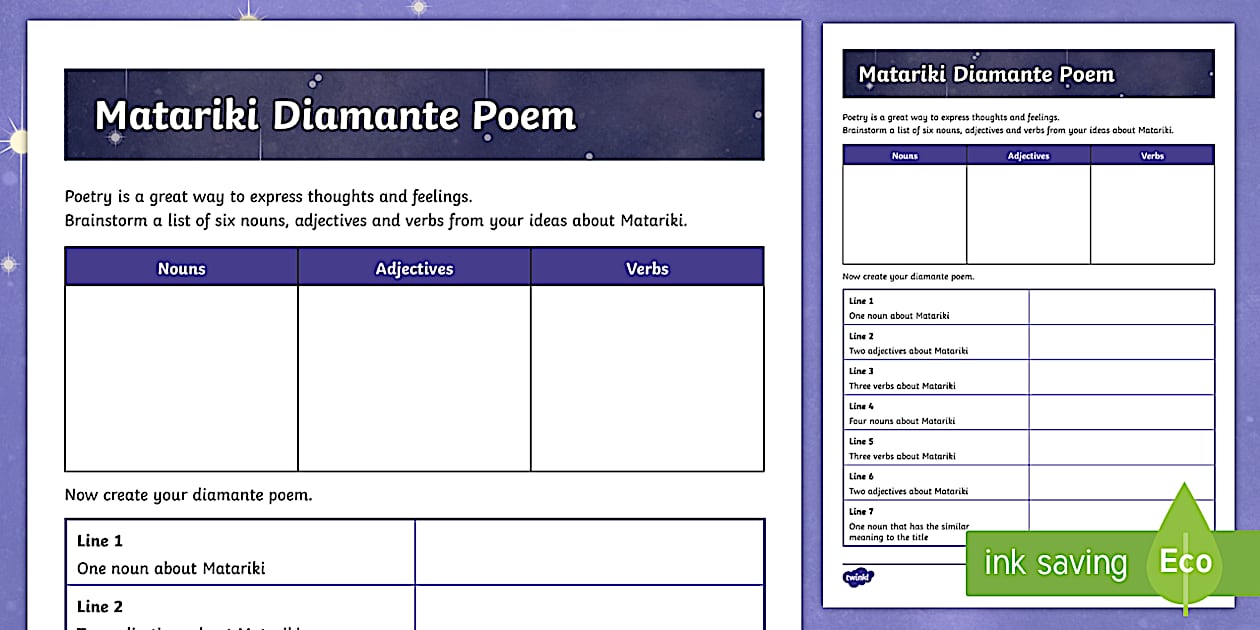 Matariki Poem - Matariki Poetry Diamante Worksheet - Twinkl