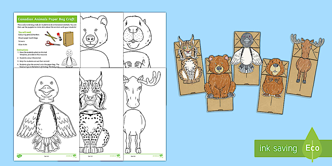 Black and White Canadian Animals Paper Bag Craft Instructions