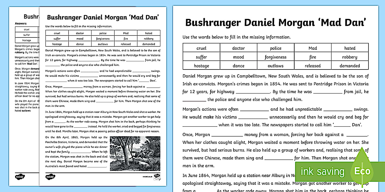 Bushranger Daniel Morgan Cloze Worksheet / Worksheet-Australia