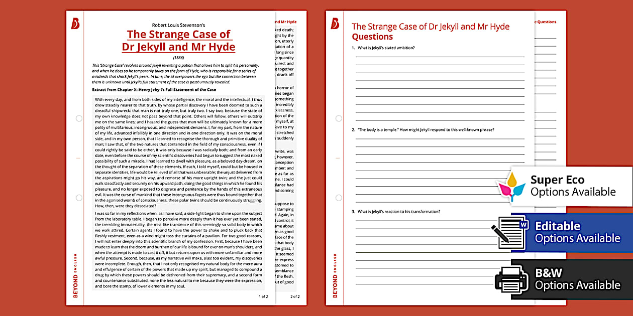 Dr Jekyll and Mr Hyde Worksheets | Reading Comprehension One