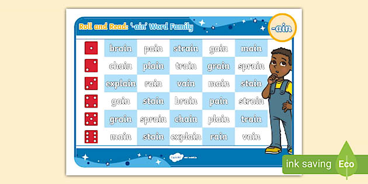 Roll and Read Word Family '-ain' Board Game - Twinkl