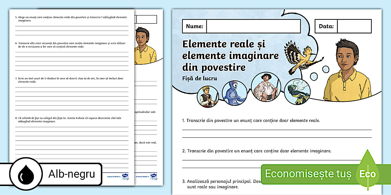 Elemente reale și elemente imaginare din povestire – Fișă de lucru