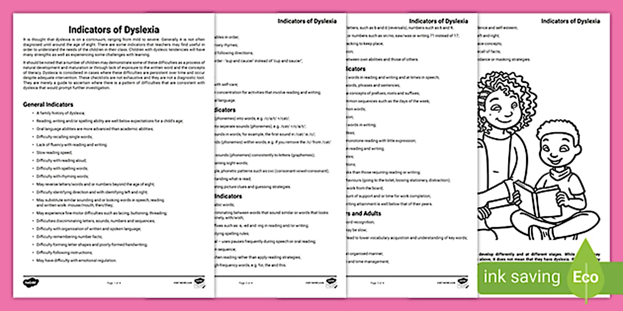 Indicators of Dyslexia Adult Guidance - Twinkl
