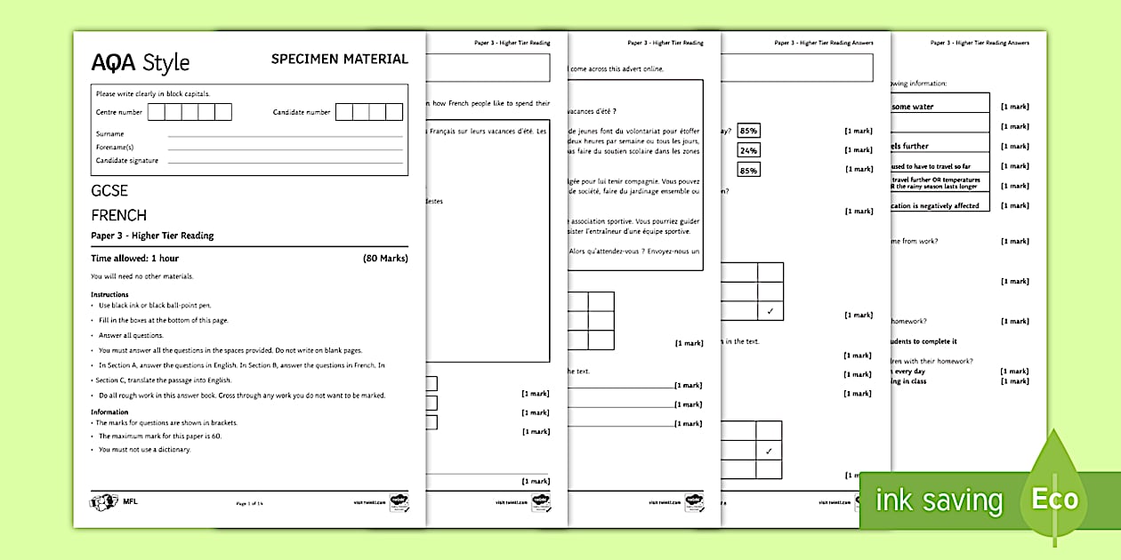 AQA-Style GCSE Higher Reading Practice Paper French - Twinkl