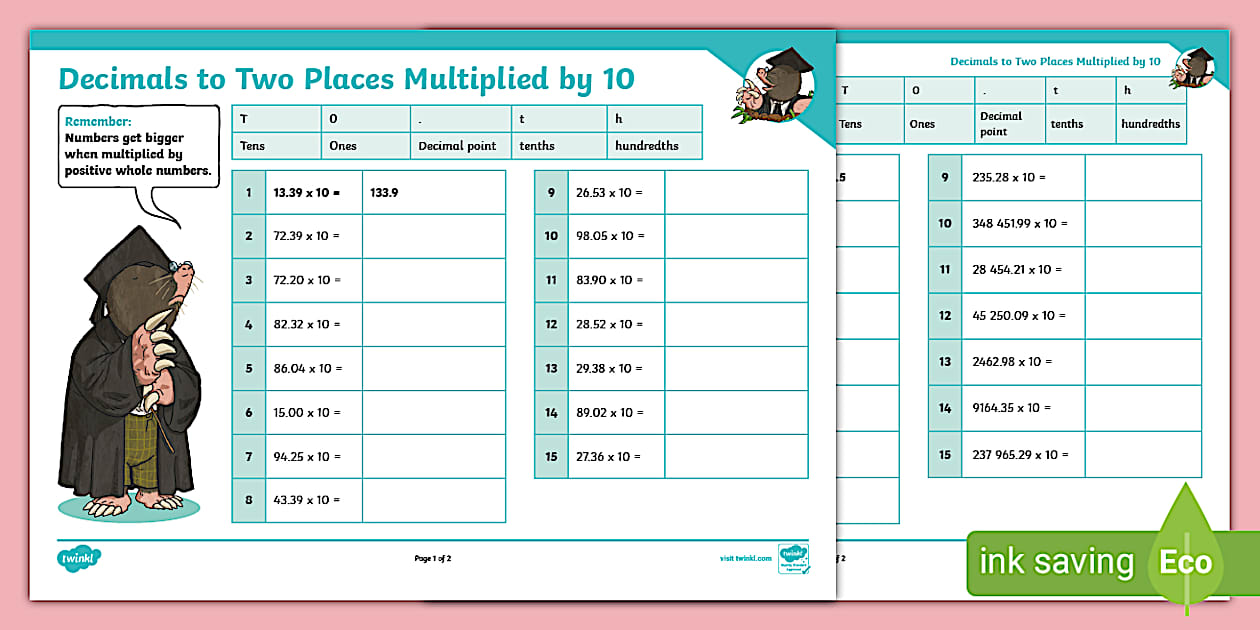Decimals to Two Places Multiplied by 10 (Teacher-Made)
