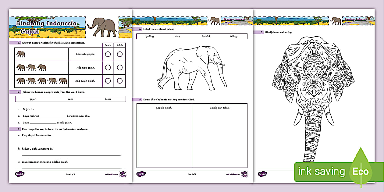 Indonesian Animals: Elephants Activity - Indonesian - Twinkl