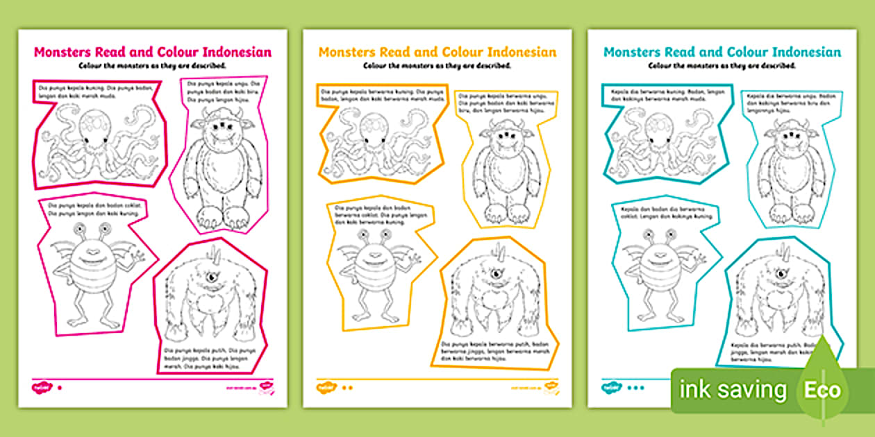 Read and Colour Monsters Worksheet Indonesian (Teacher-Made)