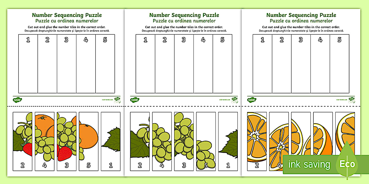 Fruit-Themed Number Sequencing Puzzle English/Romanian