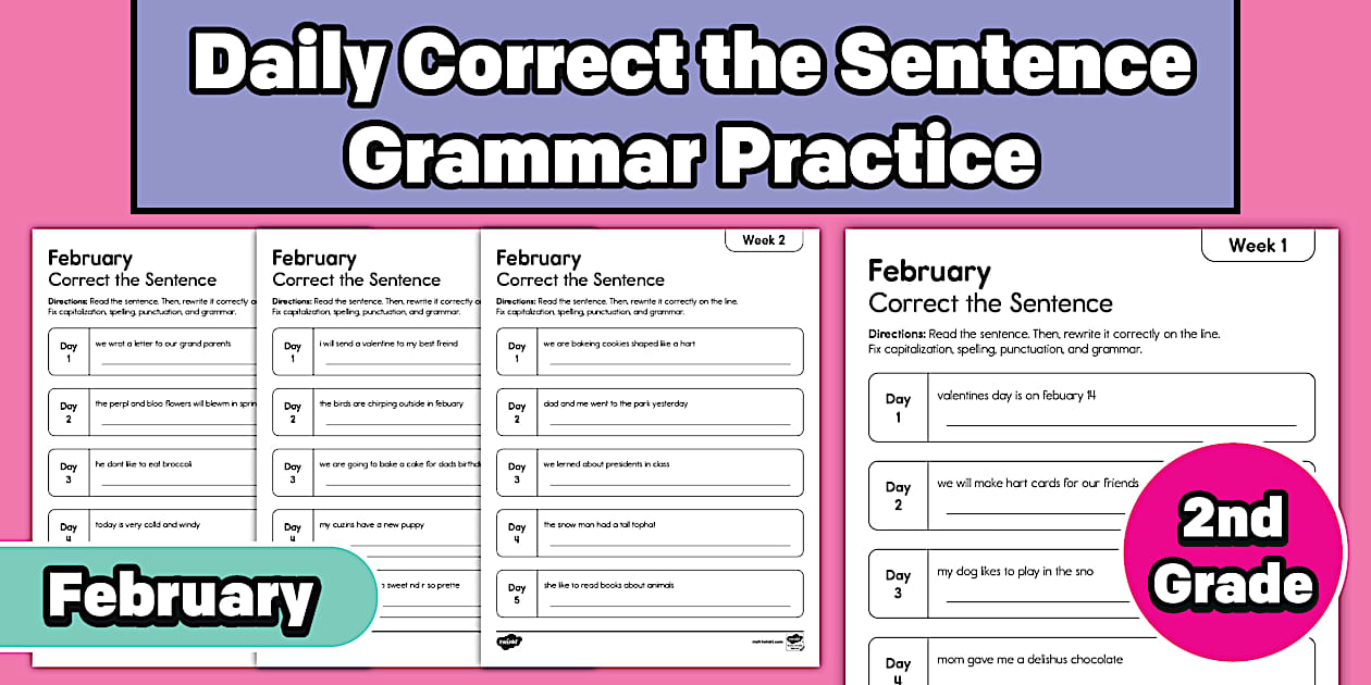 2nd Grade February Daily Correct the Sentence Grammar Work