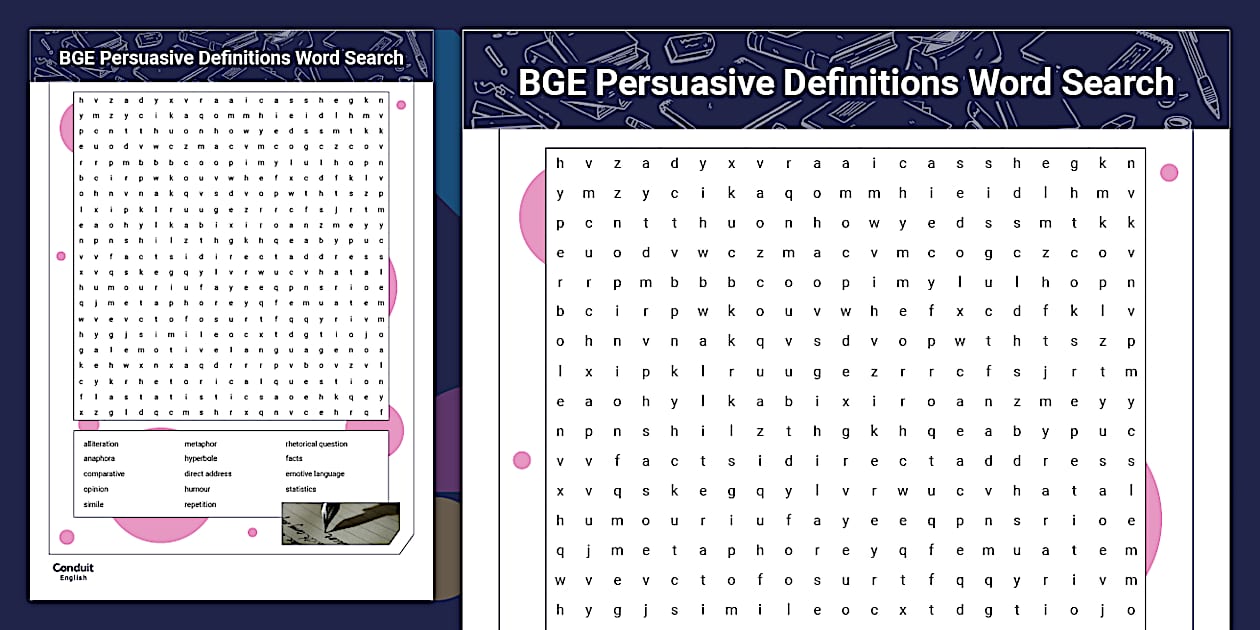 BGE Persuasive Definitions Word Search (teacher made)