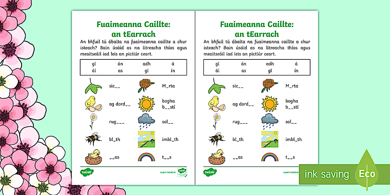 Spring Phase 3 Missing Sounds Worksheet Gaeilge - Twinkl