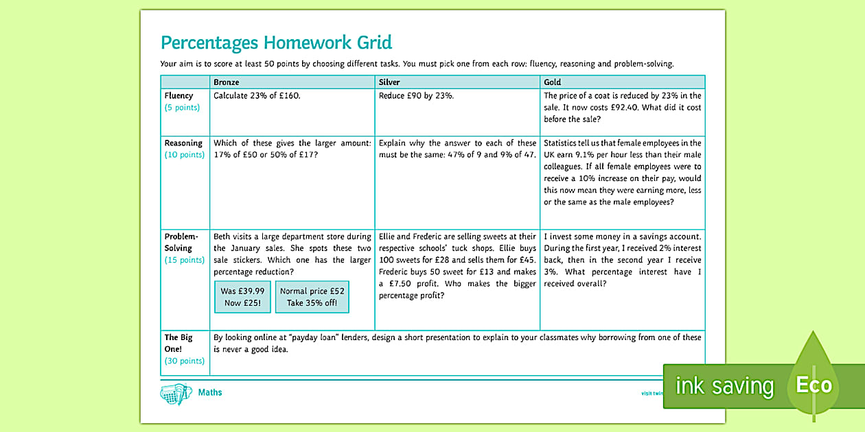 Homework Grid: Percentages Questions | KS3 Maths | Beyond