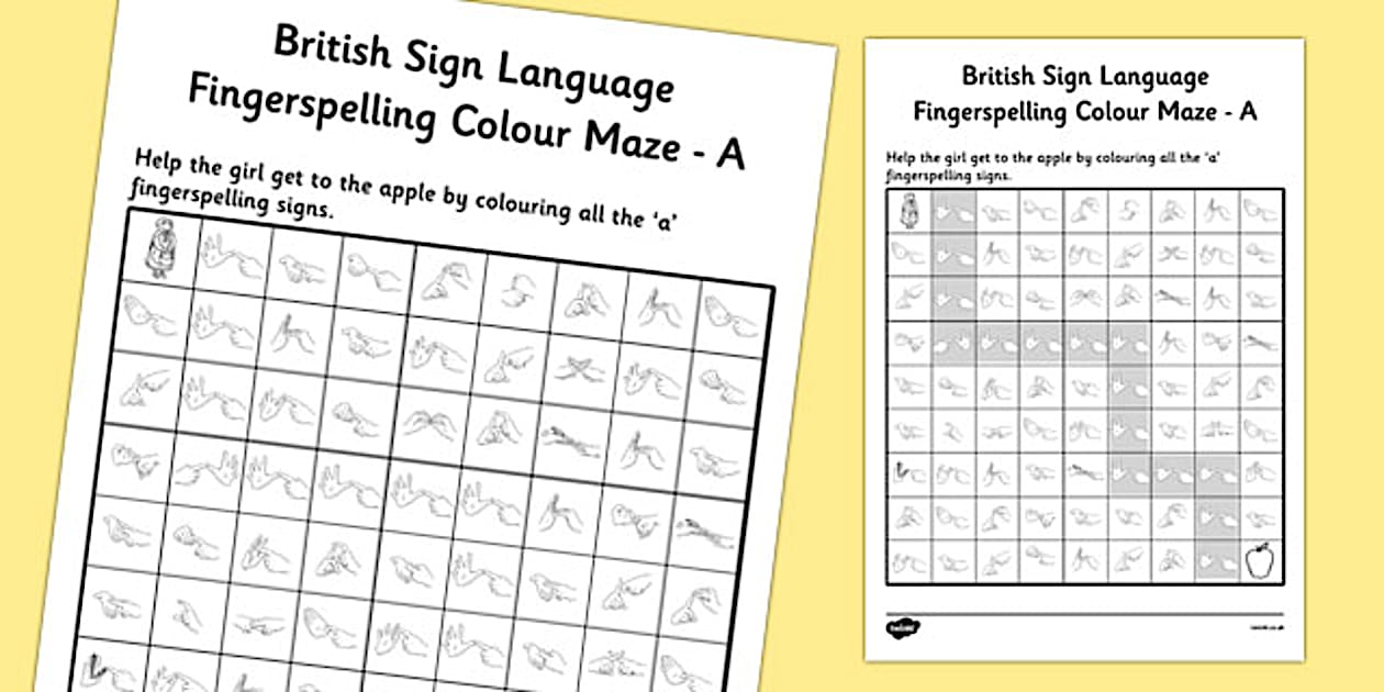 British Sign Language Left Handed Fingerspelling Colour Maze A
