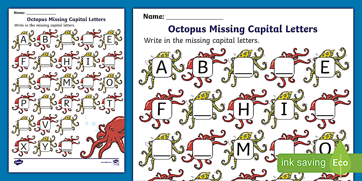 Octopus Missing Capital Letters Worksheet (teacher made)