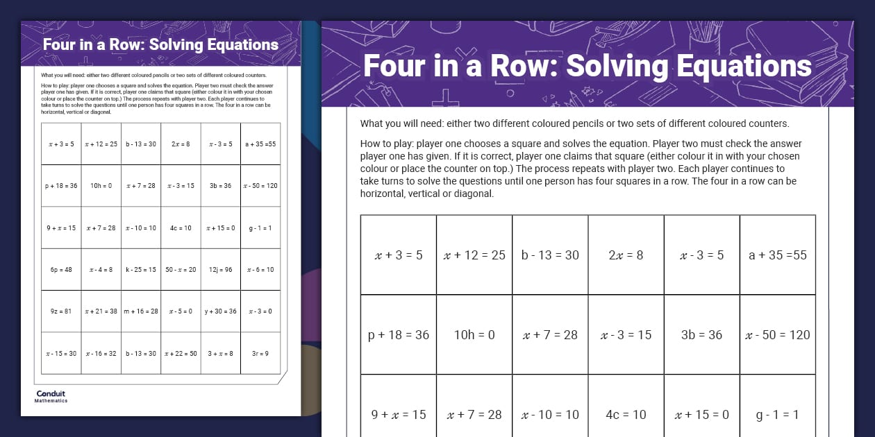 Four in a Row: Solving Equations (teacher made) - Twinkl