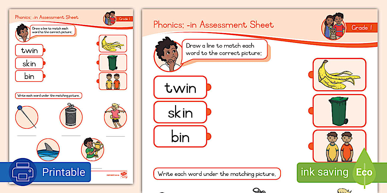 Grade 1 Phonics: -in Assessment Sheet (teacher made)