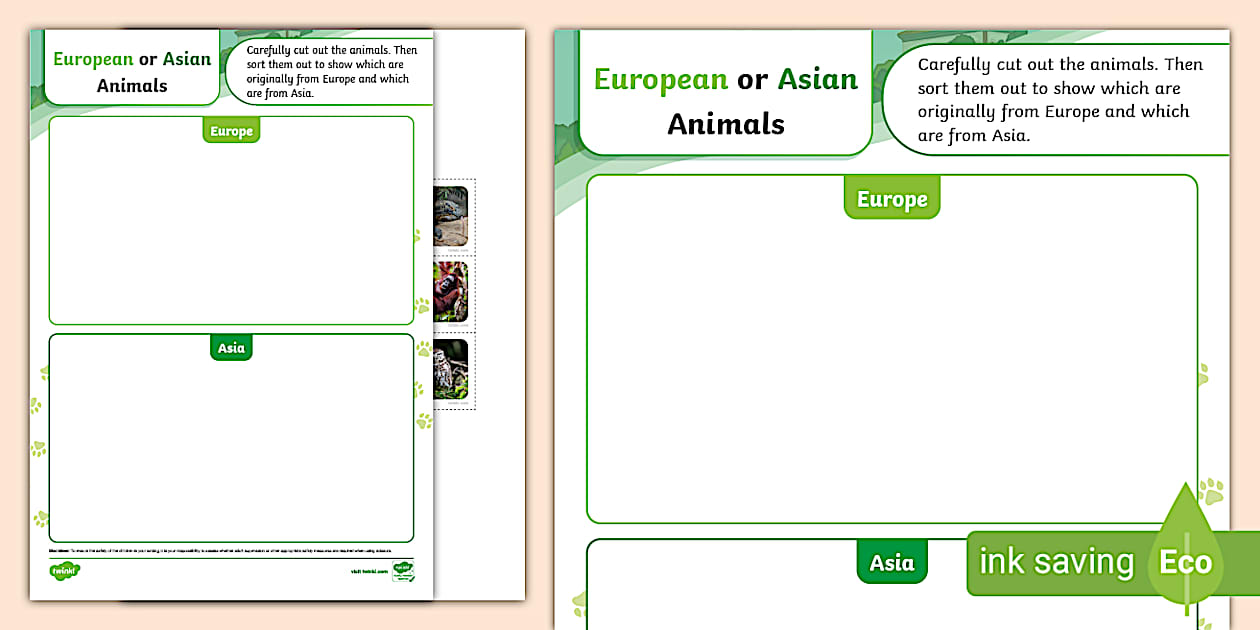 Animals in Europe or Asia Sorting Worksheet (teacher made)