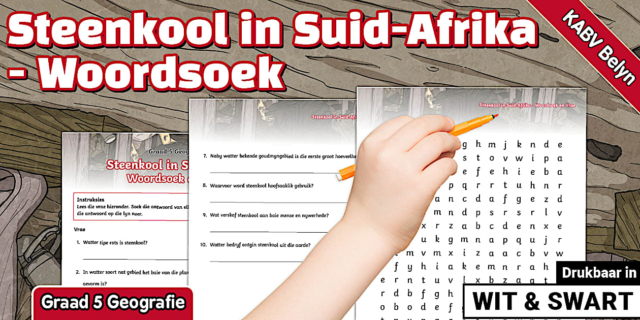 Graad 5 Geografie - Kwartaal 4 - Steenkool in Suid-Afrika - Woordsoek (KABV