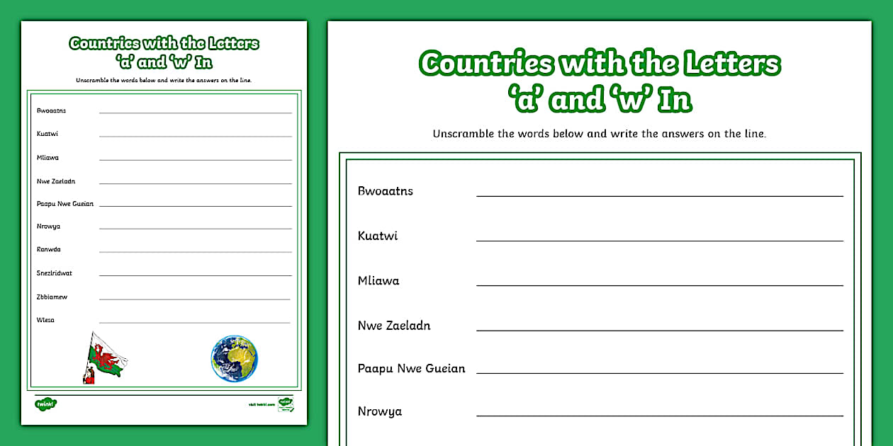 10 Countries with the Letters 'a' and 'w' In Unscramble Worksheet