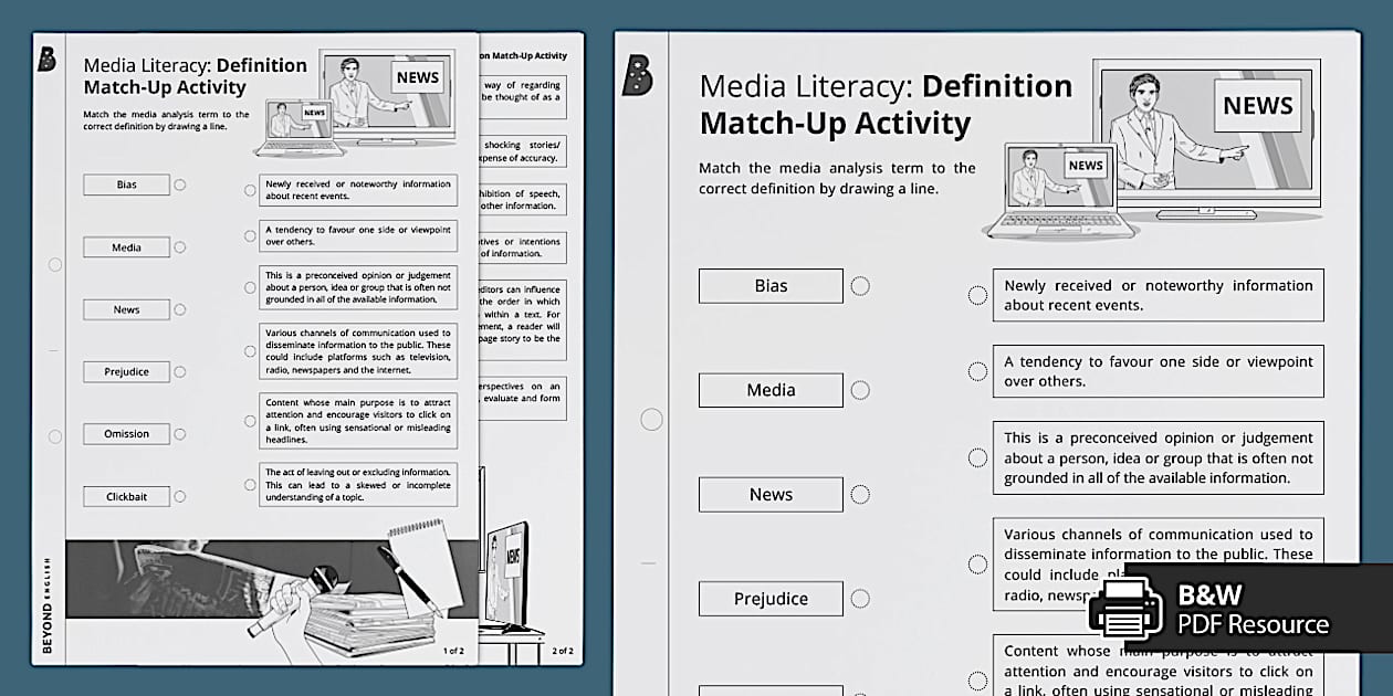 Media Literacy: Definition Match-Up Activity (teacher made)