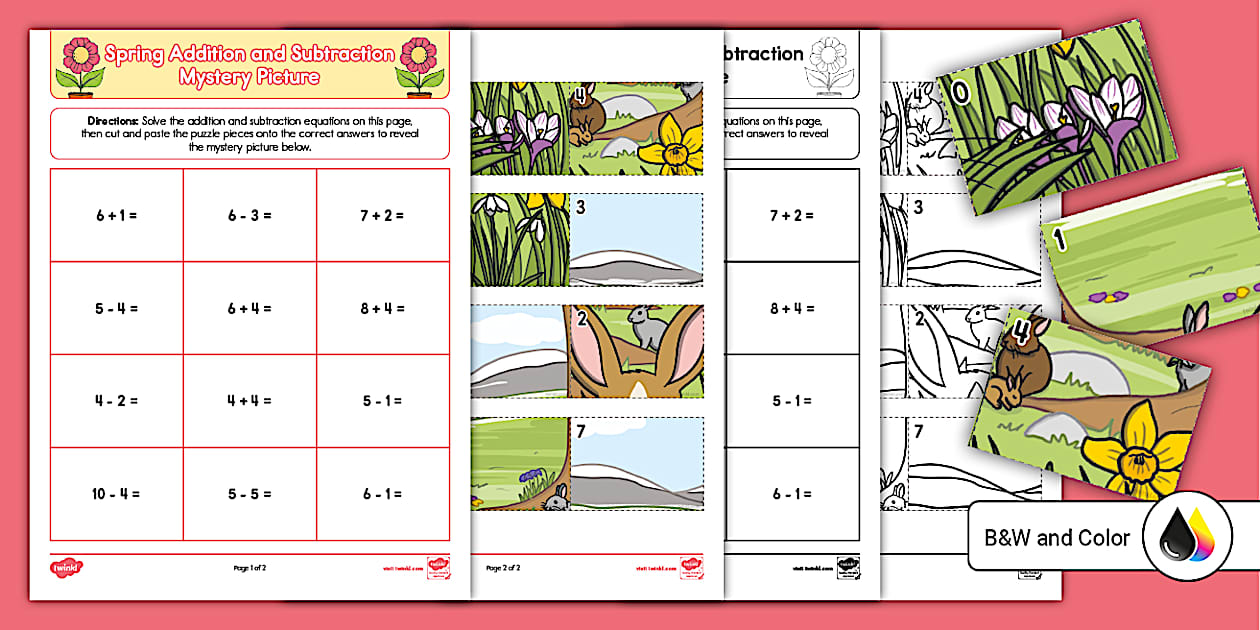 Spring Addition and Subtraction Mystery Picture Worksheet
