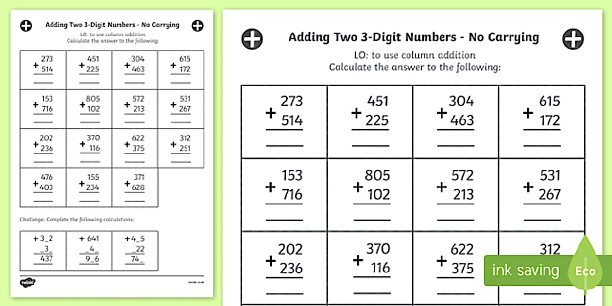 Adding Two 3 Digit Numbers In A Column With No Carrying Answers Worksheet