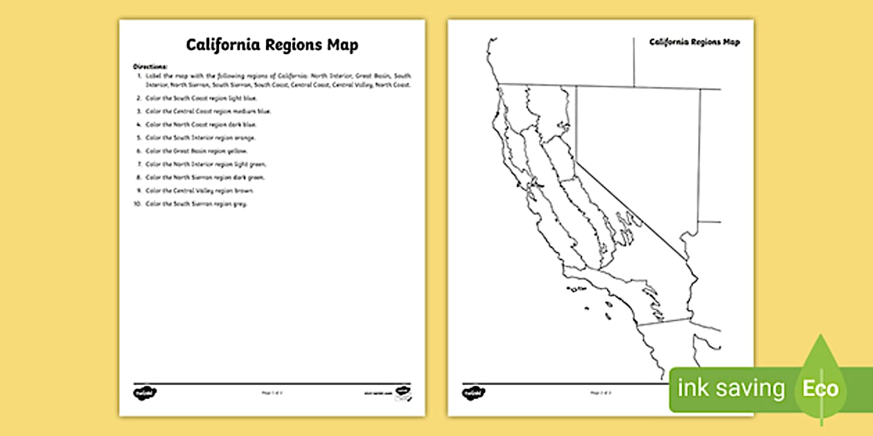 California Regions Map Worksheet (Teacher-Made) - Twinkl